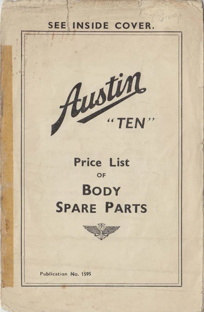 AUSTIN TEN 10 original Price List of Body Spare Parts Nov 1937 Pub. No ...