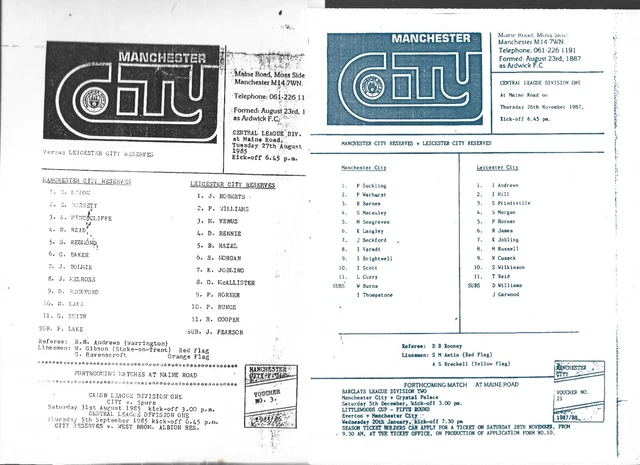 6 X MANCHESTER City v Leicester City Reserve 85-86 to 97-98 team sheets ...