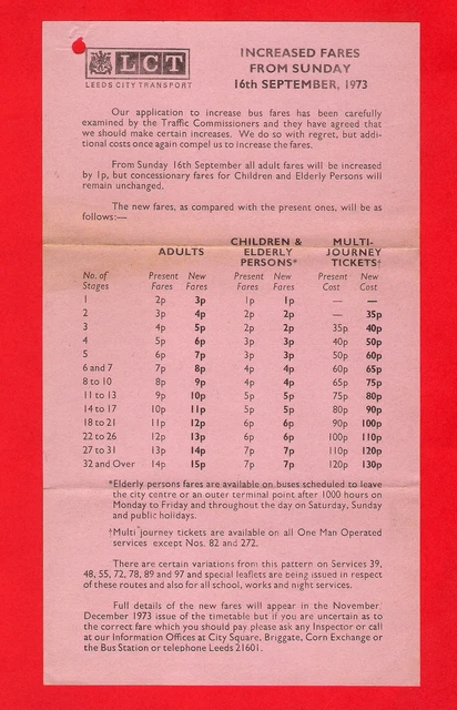 LEEDS CITY TRANSPORT Leaflet Handbill - Increased Fares - 16th ...