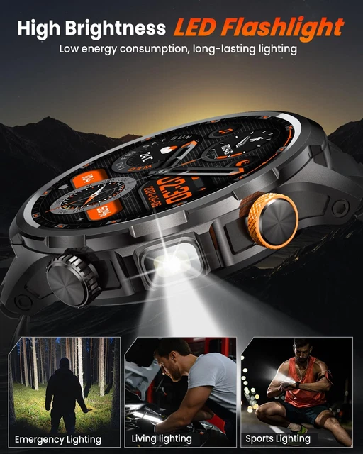 SMARTWATCH UOMO MILITARE Con 1000Mah/Torcia LED/5ATM, 1,91" AMOLED ...