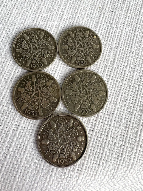 SILVER SIXPENCE COINS 1932, 1933, 1936 King George V (5) Bare Head ...