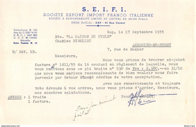 FACTURE 1955 SEIFI A GAP-M. RIGOLLET A AMBERIEU EN BUGEY EUR 8,00 ...