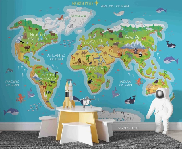 3D WORLD MAP Cartoon Animals Wallpaper Wall Mural Peel and Stick ...