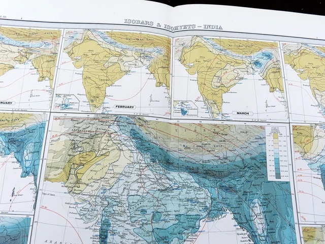 ANTIQUE METEOROLOGICAL MAP of India Isotherms Isohyets Indian Weather ...
