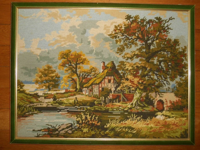 TABLEAU POINT DE Croix Paysage Romantique avec Moulin 50 x 64cm EUR 17 ...