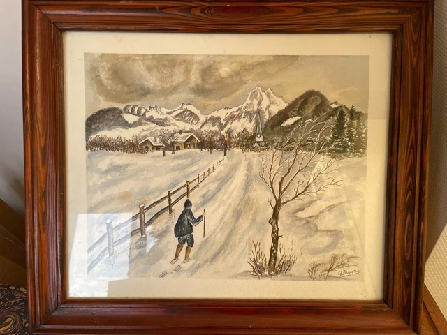 ANCIEN TABLEAU AQUARELLE Randonnée Montage Neige Chalet Signé M BOCHATON EUR 89,00 - PicClick FR