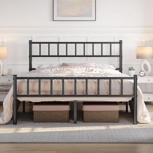 METAL BED FRAME 4Ft6 Modern Style Bed Frame with Headboard and ...