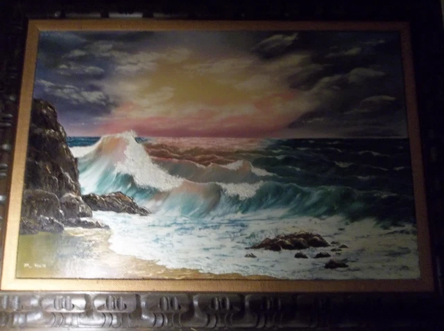 VINTAGE BY M. HALL OIL PAINTING OF WAVES 1960s OREGON COAST SUNSET ...