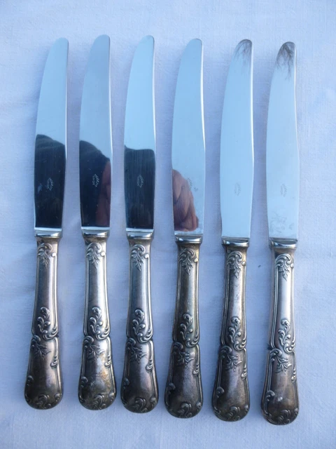 6 JOLIS COUTEAUX De Table Lame Nogent Inox Manche Metal Argente Decor ...