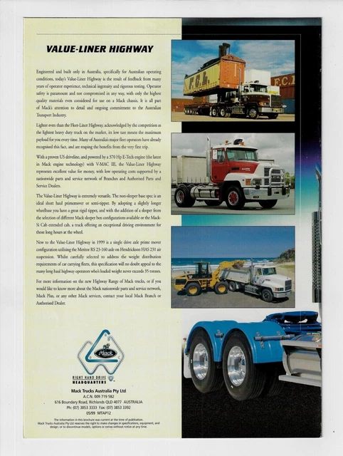 MACK VALUE-LINER HIGHWAY Trucks 4 Page Specifications Brochure 05/99 ...