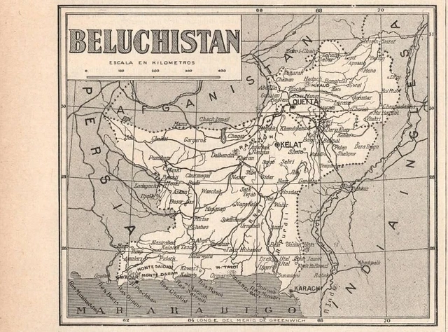 CARTA GEOGRAFICA ANTICA BELUCHISTAN piccola mappa Belucistan 1910 ...