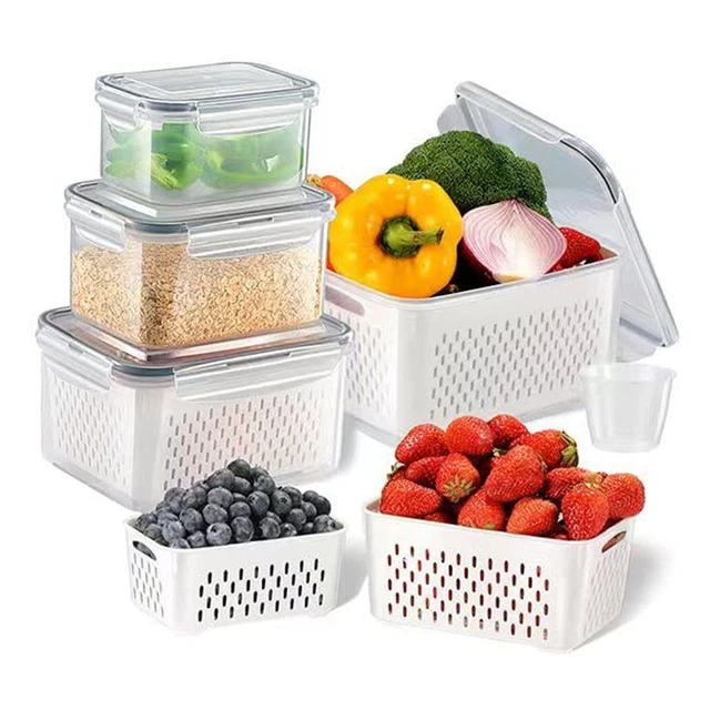 FRUIT REFRIGERATOR STORAGE Box Set Fridge Fresh Container Box Drain ...