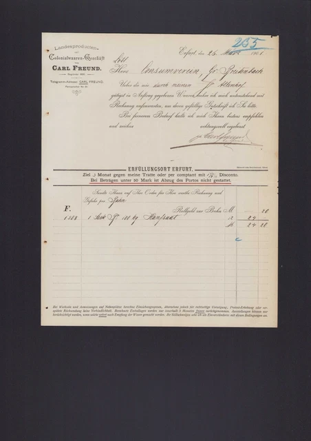 ERFURT, FATTURA 1901, negozio di merci coloniali Carl Freund EUR 11,99 ...