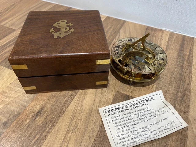 VINTAGE SOLID BRASS Sundial Compass Boxed Desk Display Decorative ...
