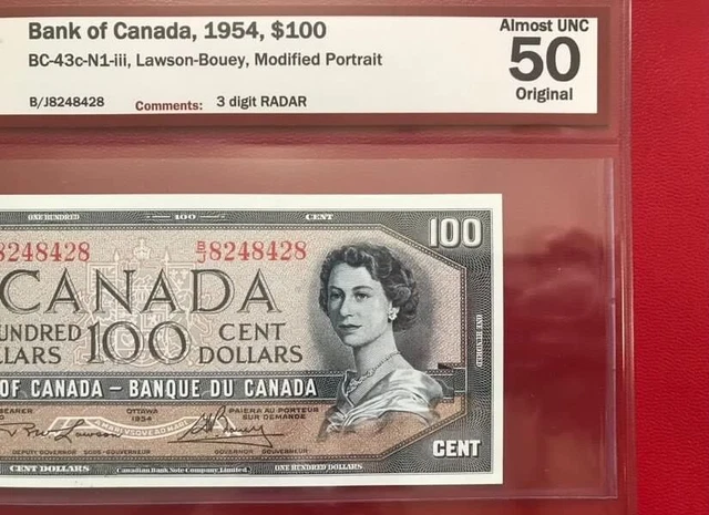 1954 CANADA $100 BC-43c-N1-iii “3 Digit Radar” Banknote BCS Graded AU ...