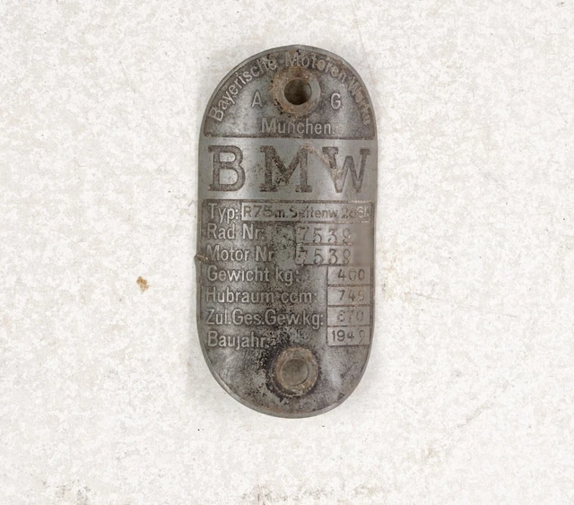 TYPE PLATE ORIGINAL BMW R75 m. side car 286/1 WH Wehrmacht team 1942 £ ...