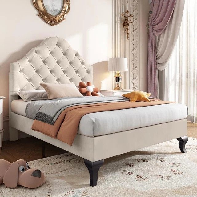 LUXURY SINGLE UPHOLSTERED Bed Frame 3FT Velvet with Headboard Beige ...