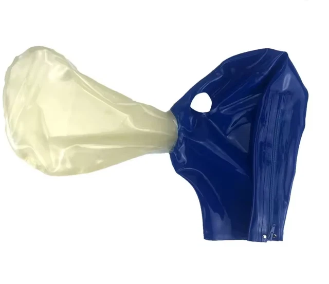 BLUE LATEX HOOD Mask With Clear Inflatable Mouth Pouch £100.00 ...