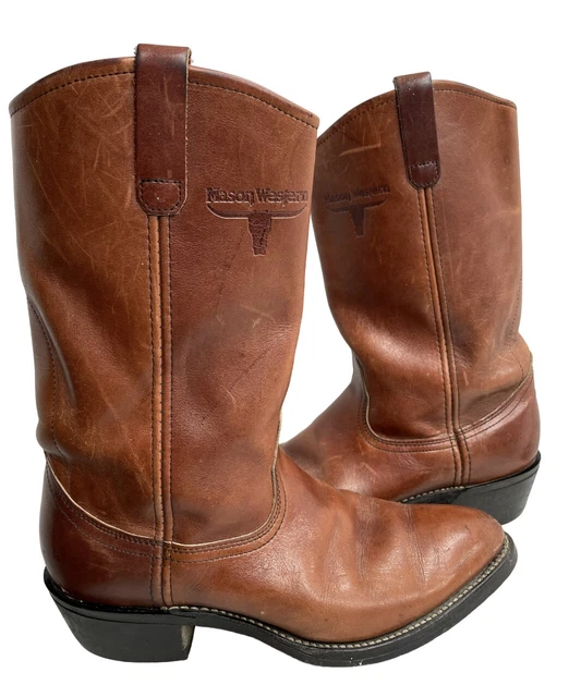 MASON REDDISH BROWN Leather Western Cowboy Biker Boots Men's 8.5 D £24. ...