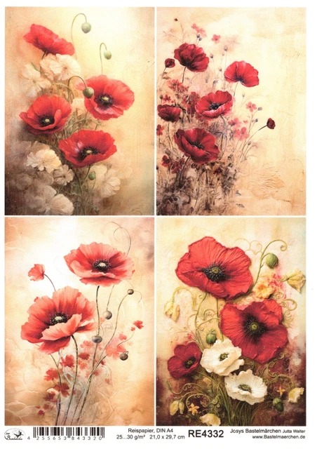 REISPAPIER A4 STROHSEIDE Vintage Scrapbooking Blumen Mohnblumen RE4332 EUR 1,89 - PicClick DE