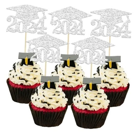 24 PACK 2024 Graduation Cap Cupcake Toppers 2024 Glitter Class Silver ...