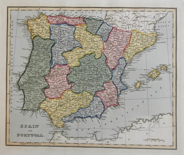 SPAIN & PORTUGAL Iberia 1823 scarce Ellis map w/ lovely original hand ...