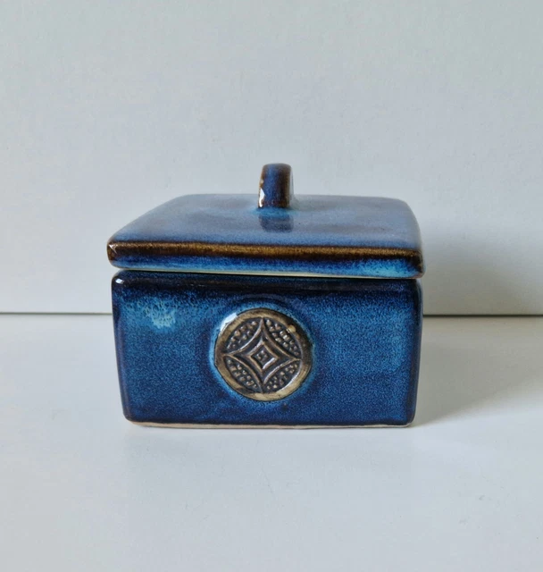 LARGE BLUE GLAZE Studio Pottery Celtic Motif Square Lidded Trinket Box ...