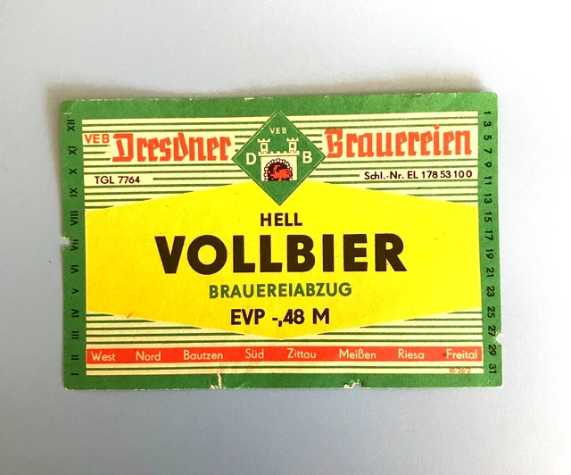 BIERETIKETT-BIERLABEL , DDR-VEB DRESDNER BRAUEREI Vollbier, Dresden ...