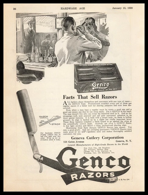 1920 GENEVA NEW York Cutlery Co. Genco Razors Barber Shop Shave Vintage ...