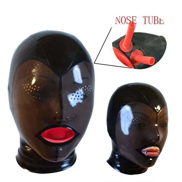 BDSM SUFFOCATION MASK Mouth gag FetishLatex Gummi Rubber Hood with Nose ...