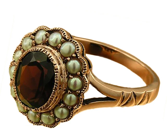 GENUINE 9K GOLD Natural Garnet & Pearl Oval Cluster Ring Victorian ...