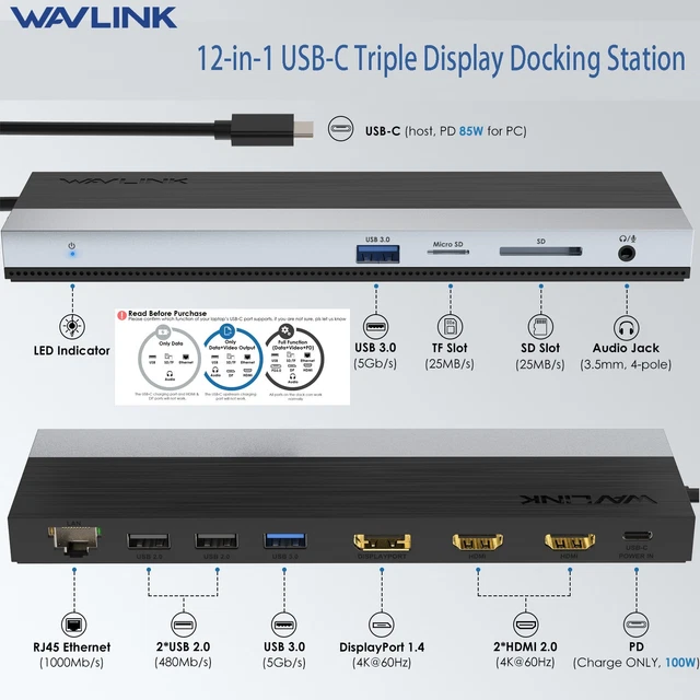 USB C DOCKING Station Triple Display PD 100W HDMI DisplayPort USB 3.0 2 ...
