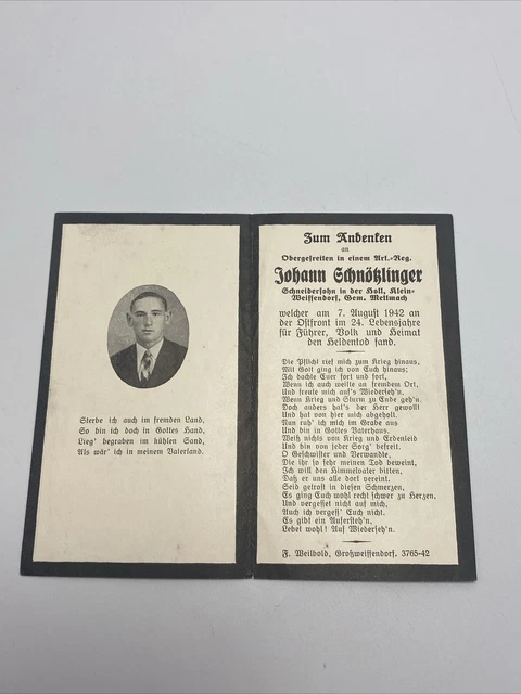 WW2 GERMAN DEATH Card Army Artillery Regiment KIA 07/08/1942 Eastern ...