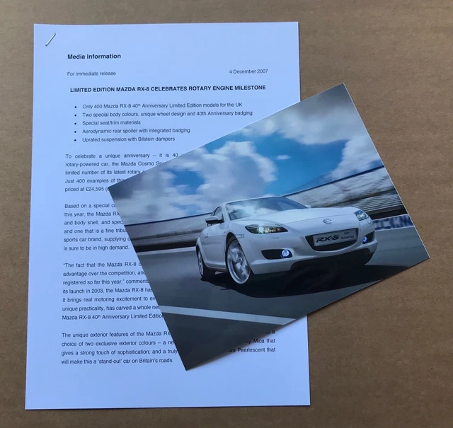 MAZDA RX-8 '40TH Anniversary' Limited Edition Press Photograph + Press ...