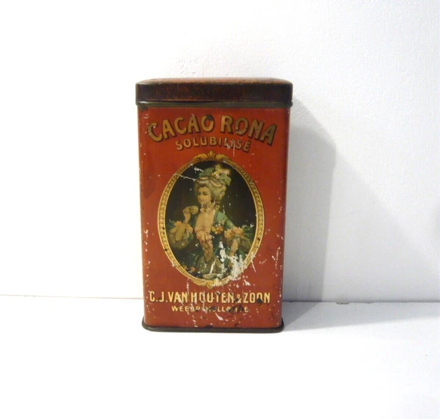BOÎTE EN TÔLE Lithographiée Cacao Rona de Van Houten Lithographed Tin ...