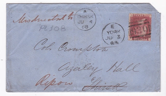 1868 QV FINE 1d PENNY RED STAMP PLATE108 ON COLONEL CROMPTONS COVER MIS ...