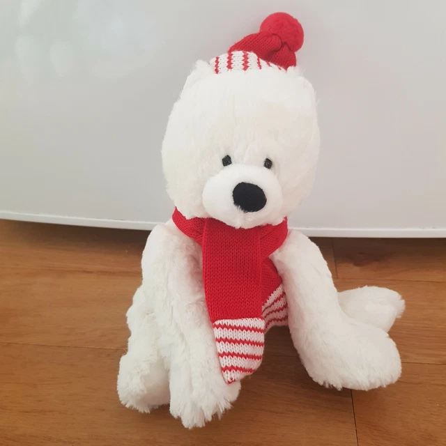 JOHN LEWIS WHITE Polar Bear Teddy Bear Red Hat Striped Scarf Plush Soft ...