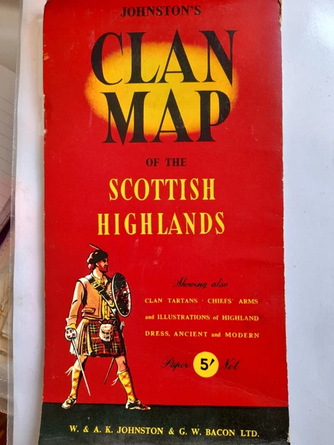 SCOTTISH CLAN MAP SCOTTISH HIGHLANDS JOHNSTONS c1960's LARGE FOLDING £8 ...