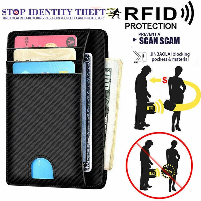 MEN ANTI-SCAN LEATHER Slim ID Credit Card Holder RFID Blocking Thin ...