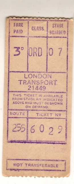 BUS / TRAM ticket London Transport Gibson M/c No 21449 Route 255 £3.99 ...