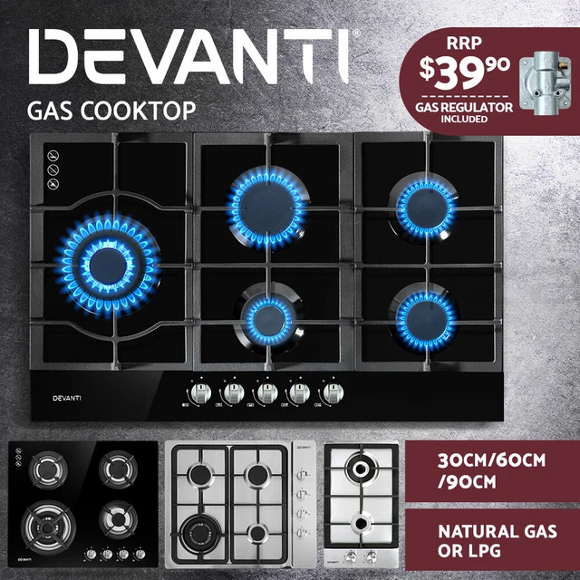 DEVANTI GAS COOKTOP 90cm 60cm Glass Steel Stove Hob Cooker 2/4/5 Burner ...