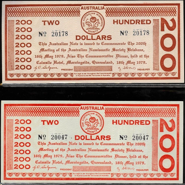 1979 AUSTRALIA NUMISMATIC Society $200 NLT Brisbane Set Red & Purple ...