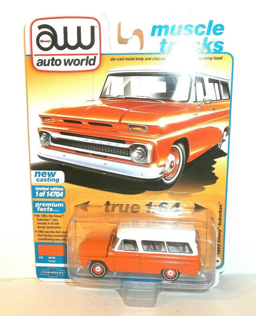 2021 AUTO WORLD 1:64 Muscle Trucks Orange White 1965 Chevy Suburban £12 ...