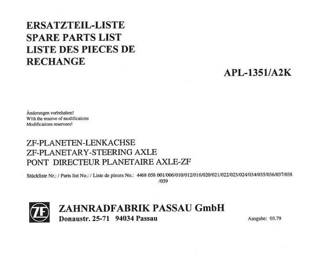 ERSATZTEILLISTE ALLRADACHSE ZF APL 1351 Deutz Eicher IHC Schlüter EUR 11,99 - PicClick DE