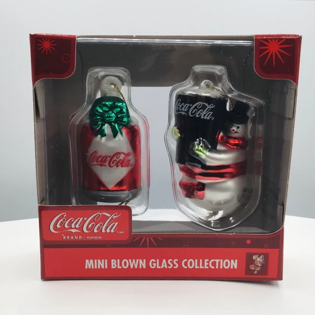 COCA COLA SET of 2 Mini Blown Glass Ornament Collection Snowman Coke ...