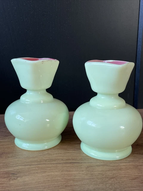 PAIR VICTORIAN ERA Uranium Opaline Custard Uranium Glow Glass Pink ...