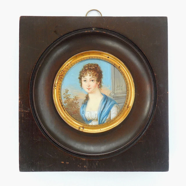 ANTIQUE GEORGIAN NEOCLASSICAL MINIATURE PORTRAIT Painting of a Lady ...