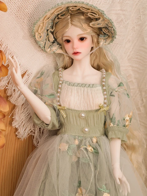 FULL SET 1/4 BJD Resin Doll Pretty Girl with Face Makeup Green Dress ...