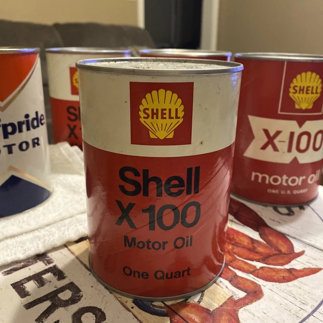 VINTAGE 1 QUART SHELL X100 MOTOR OIL CAN Full Red Cardboard Nice Can ...