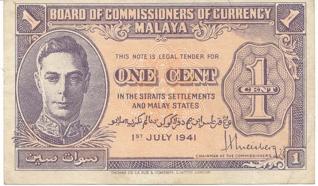BOARD OF COMMISSIONERS Of Currency Malaya 1 Cent P6 $1.90 - PicClick AU
